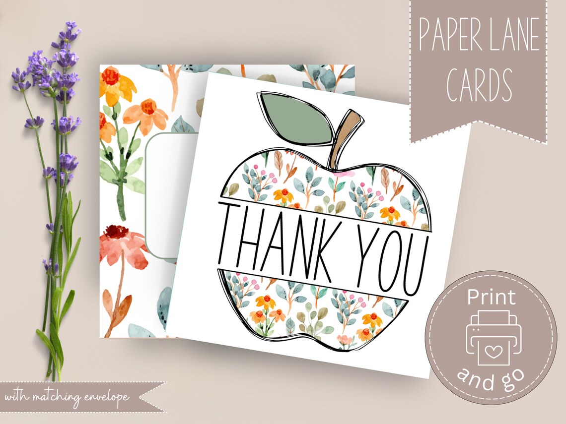 Thank You Teacher Card With Matching Envelope. Printable Digital File ...