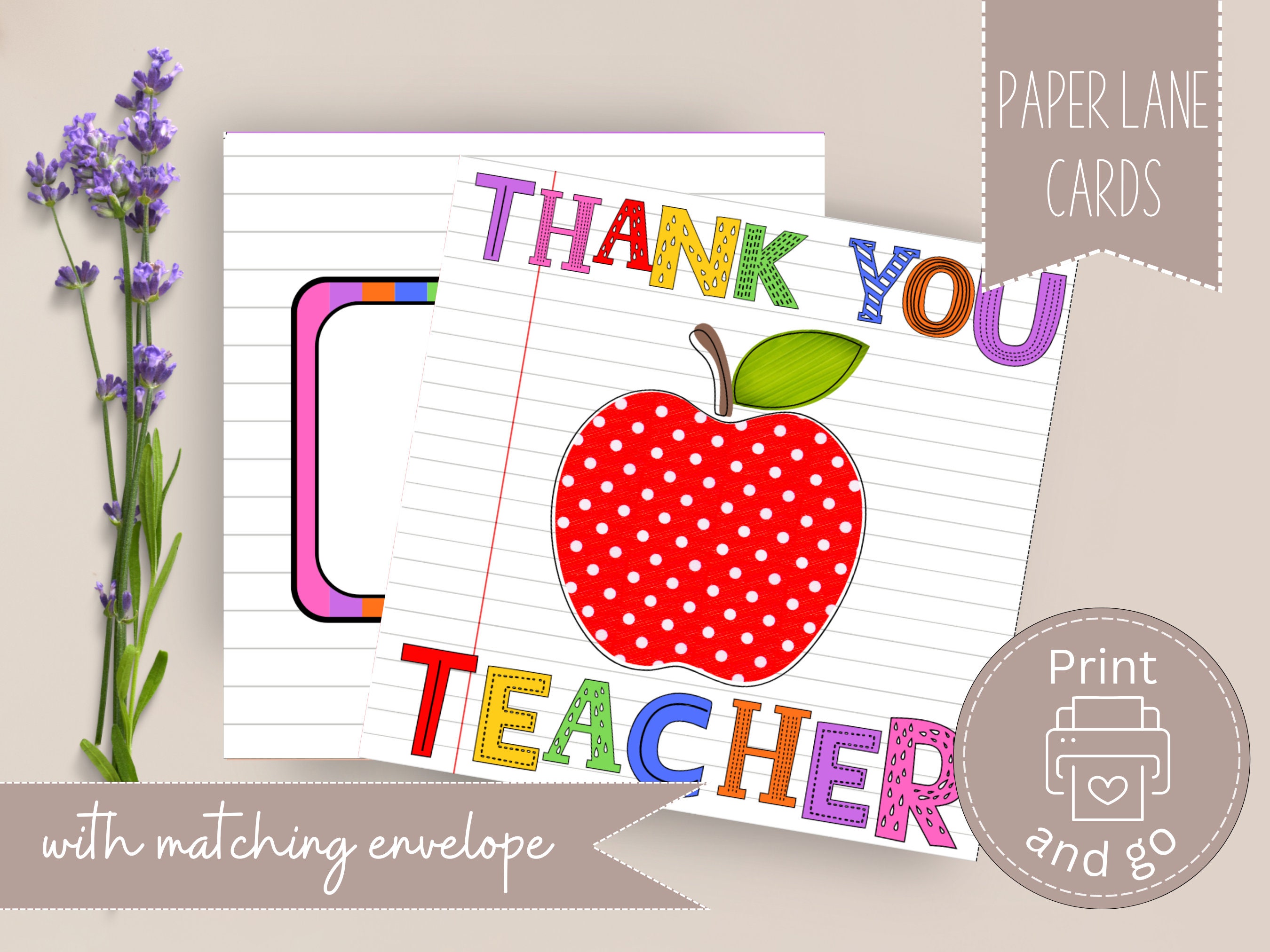 Thank You Teacher Card With Matching Envelope. Printable Digital File ...