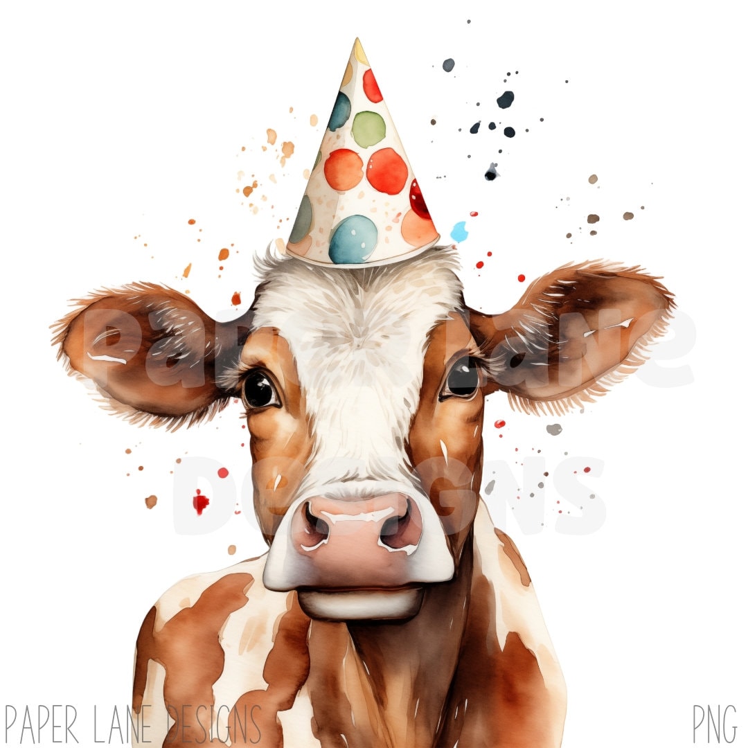 Watercolour Cow Wearing Birthday Hat Clipart Birthday Sublimation ...