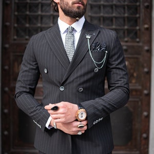 Double-breasted Suit Eithe Self Striping Pattern Black - Etsy