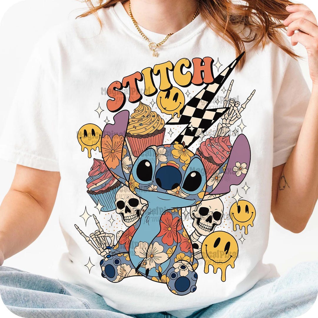 Retro Floral Cute Stitch PNG, Melted Smile Face Png, Checkered ...