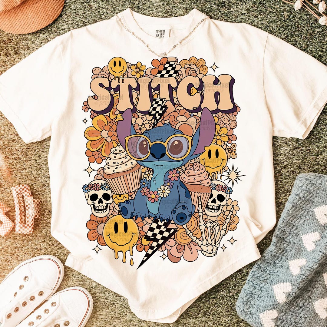 Groovy Floral Stitch PNG, Retro Stitch Shirt Png, Checkered Smiley PNG ...