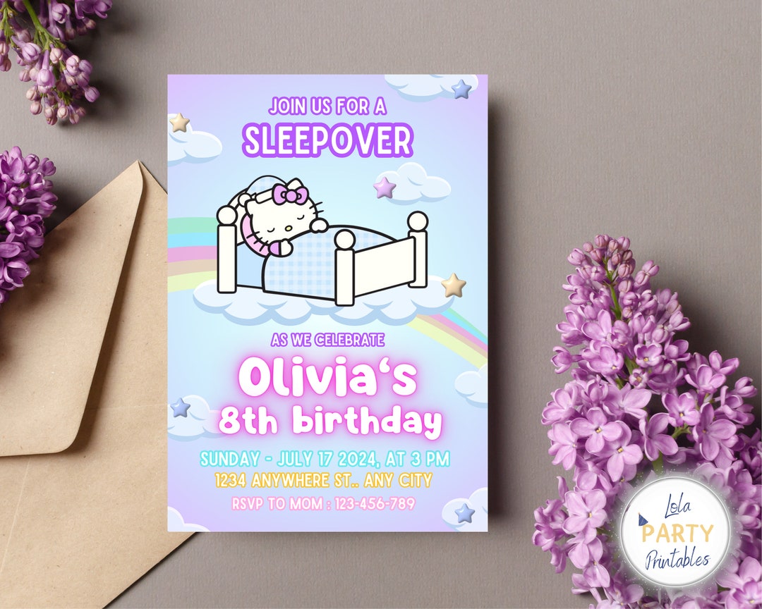 Kitty Kawaii Sleepover Invitation, Kitty Personalized Birthday Party ...