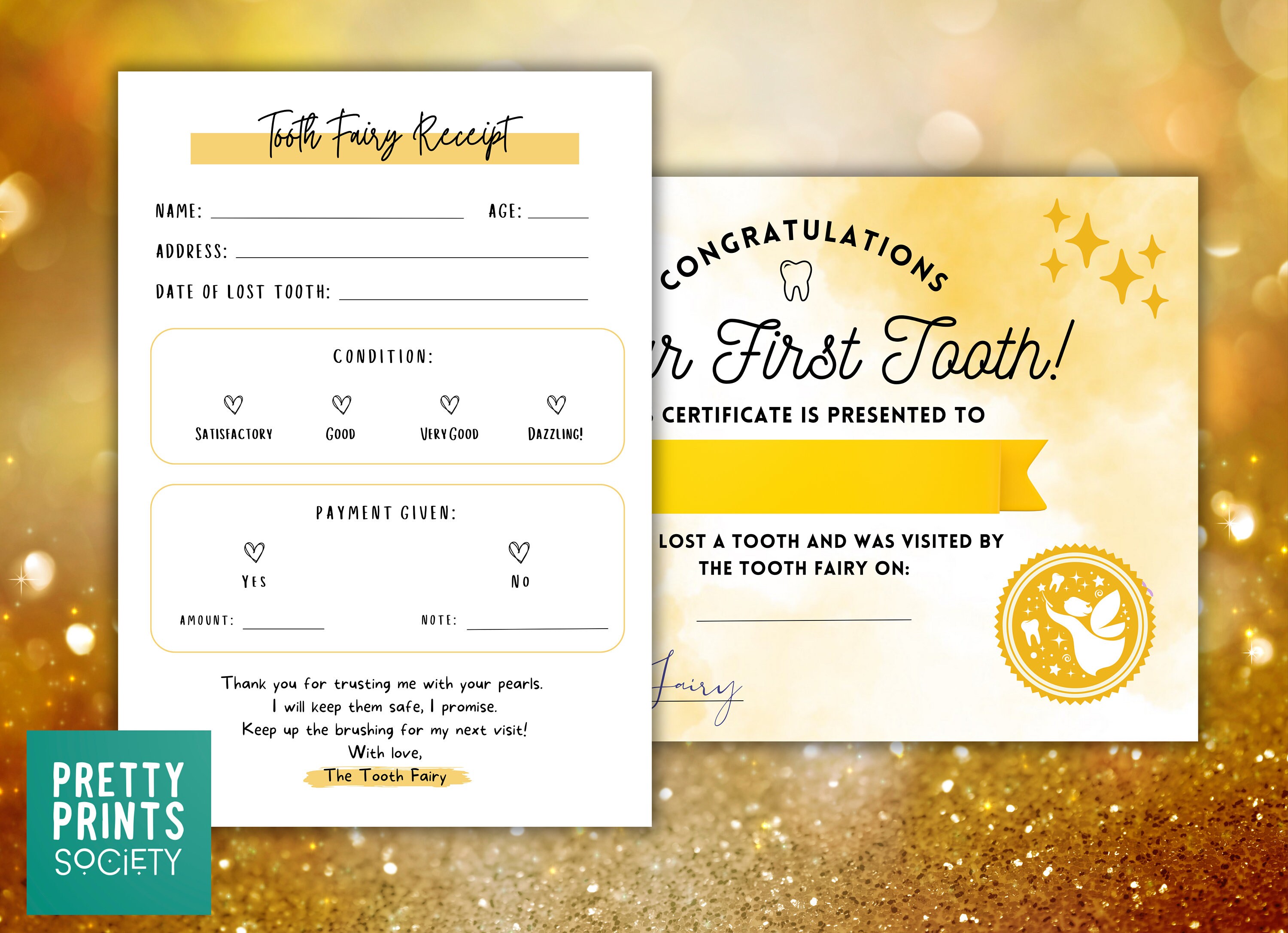 Tooth Fairy FIRST TOOTH Certificate and Receipt Printable Instant ...