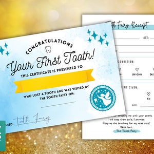 Tooth Fairy FIRST TOOTH Certificate and Receipt Printable Instant ...