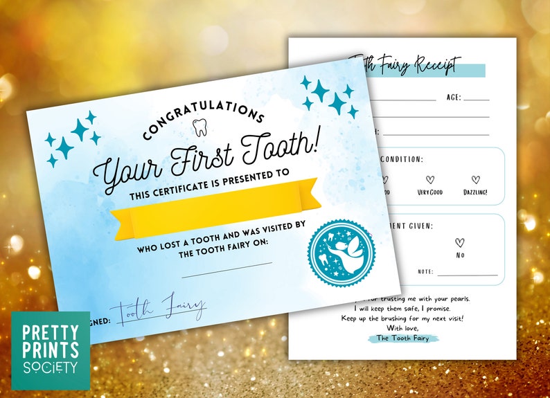 Tooth Fairy FIRST TOOTH Certificate and Receipt Printable Instant ...