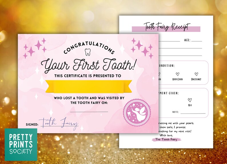Tooth Fairy FIRST TOOTH Certificate and Receipt Printable Instant ...