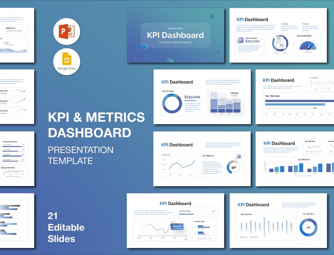 Blue KPI & Metrics Powerpoint Dashboard: Editable Corporate Slides ...