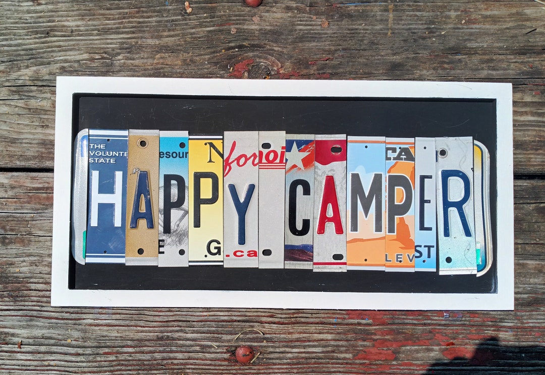 Happy Camper Sign Made With License Plate Letters Mounted on A Hand ...