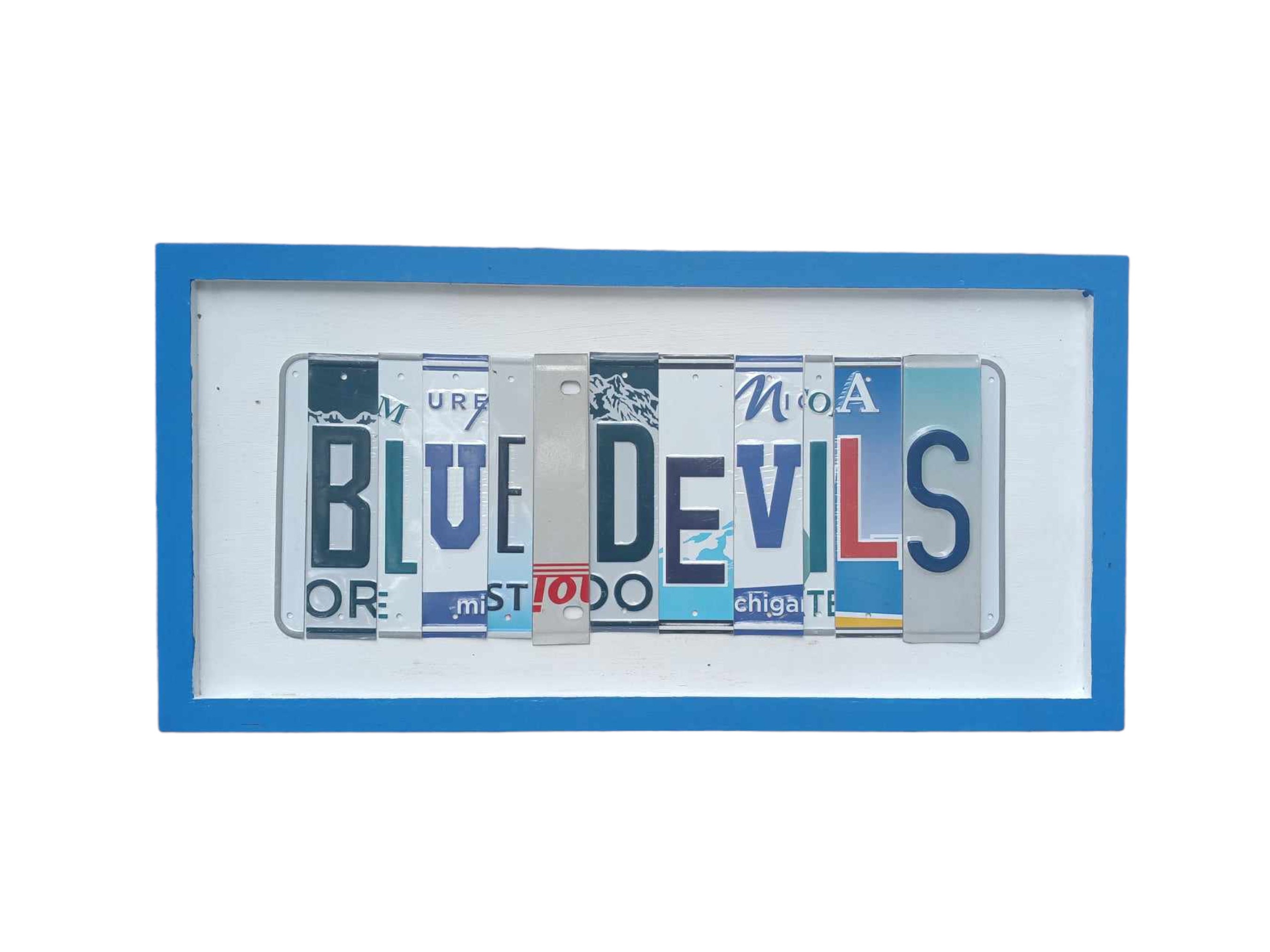 Duke Blue Devils Sign Made With License Plate Letters Mounted on a Hand ...