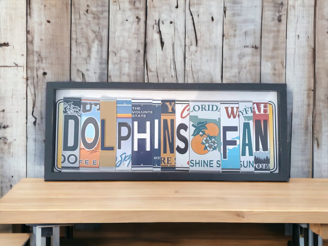 Miami Dolphins Sign Made With License Plate Letters Mounted on a 19"x8 ...