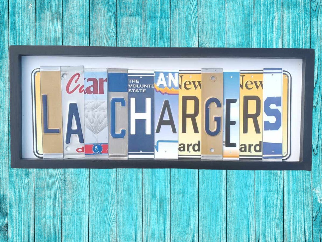 LA Chargers Sign Made With License Plate Letters Mounted on a 19"x8 ...