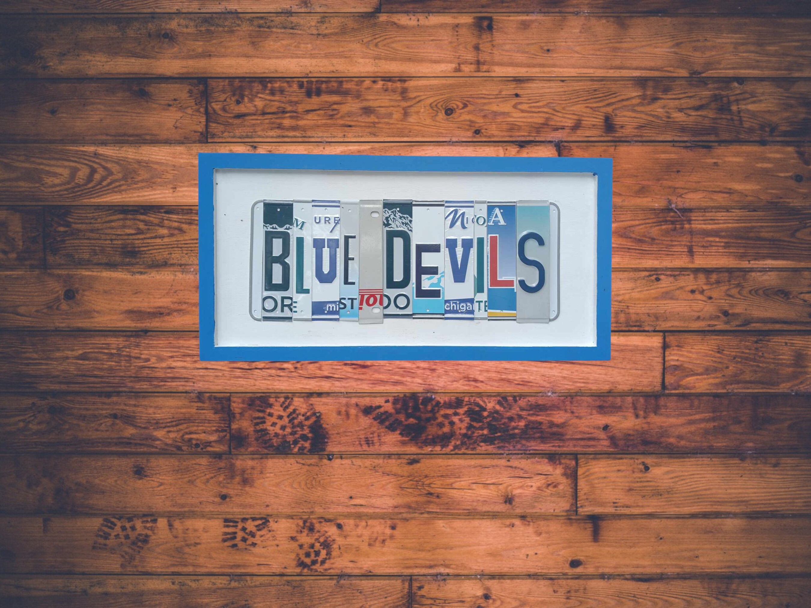 Duke Blue Devils Sign Made With License Plate Letters Mounted on a Hand ...