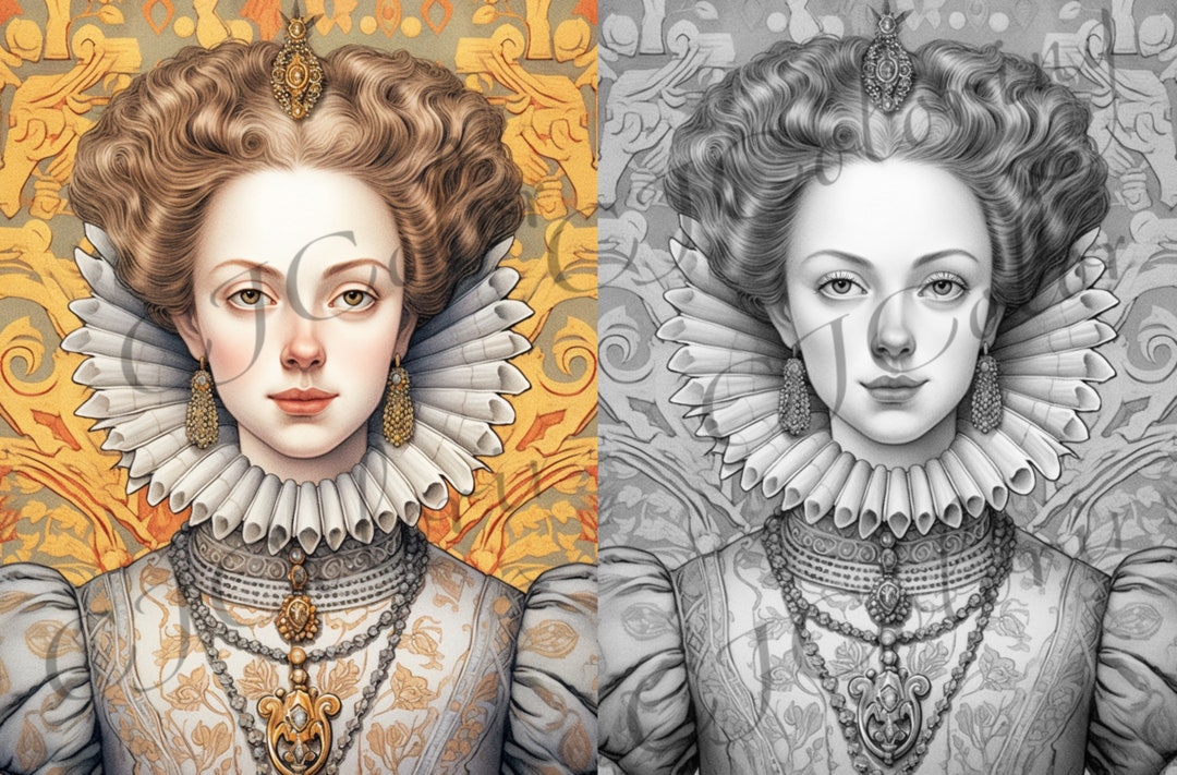 5 Renaissance Historic Regal Women, Set 3, Grayscale Coloring Pages ...