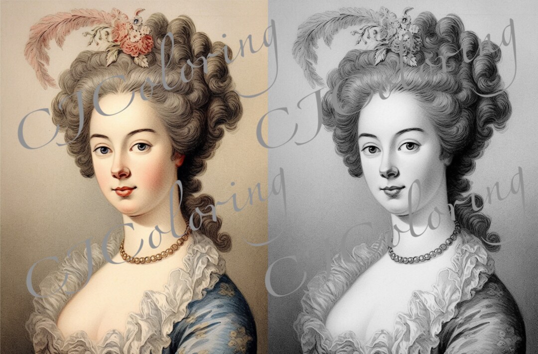10 Beautiful Women, 1700s Portrait Style, Greyscale Coloring Pages ...