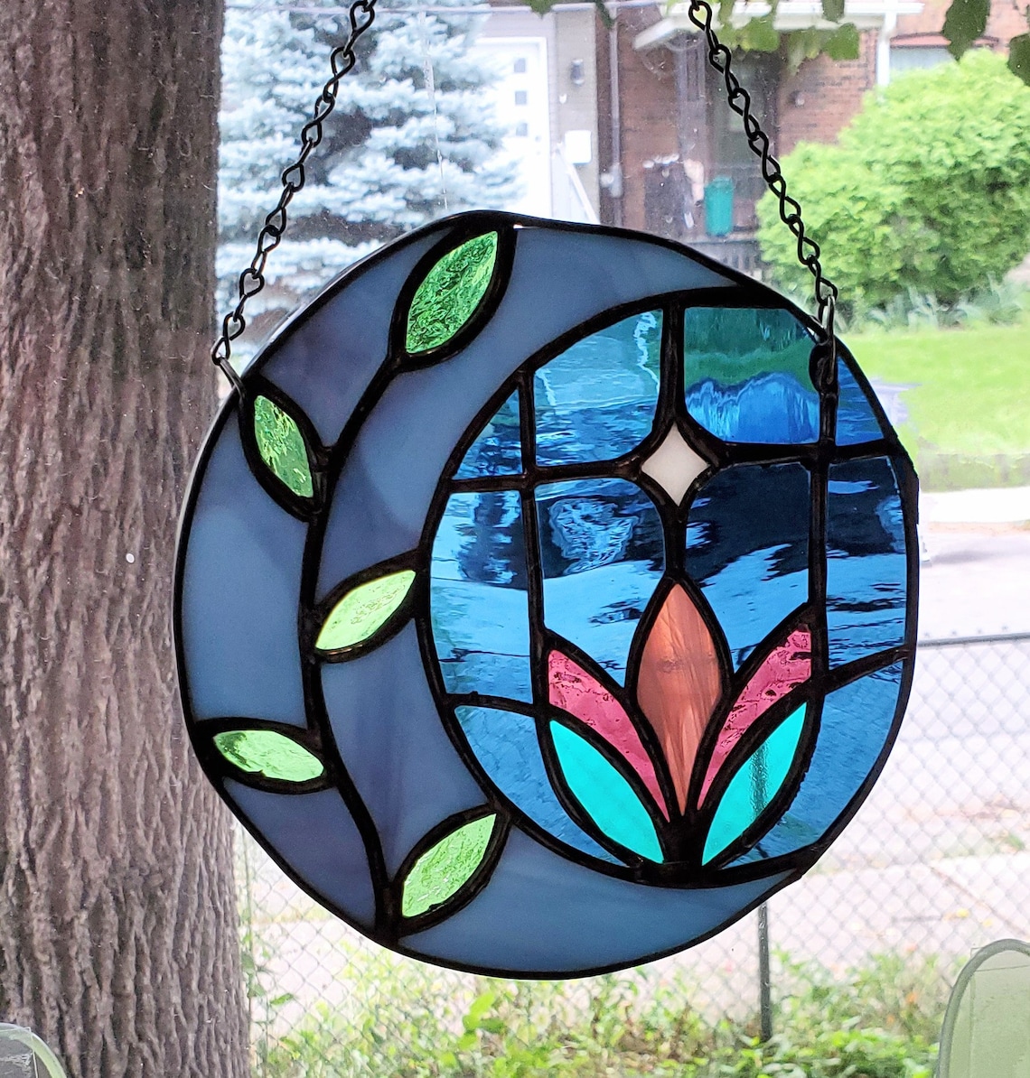 Lunar Lotus Flower Stained Glass Window Suncatcher, Stain Glass Flower ...
