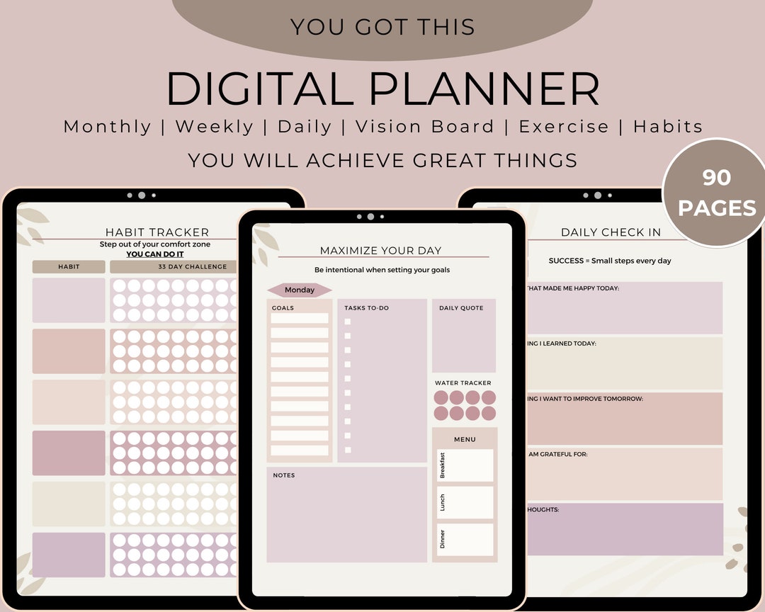 Digital Planner (daily, Weekly, Monthly), Daily Journal, Self Care ...