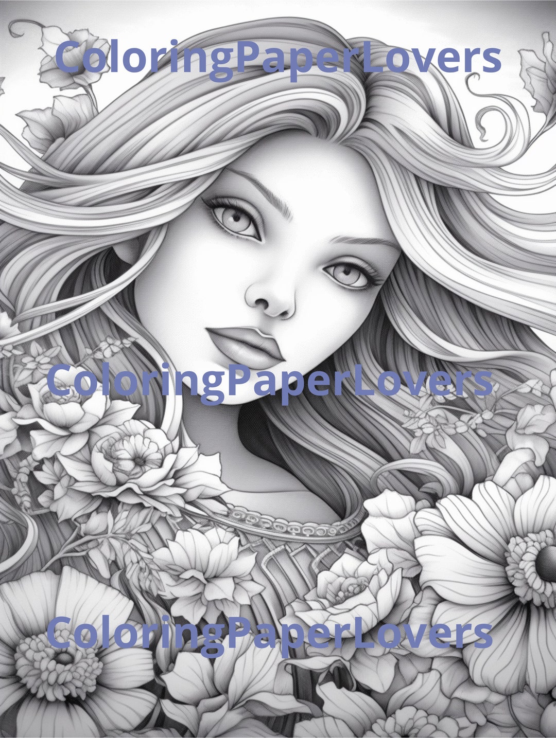 10 Premium Coloring Pages | Printable Beautiful Girls Face With Flowers ...