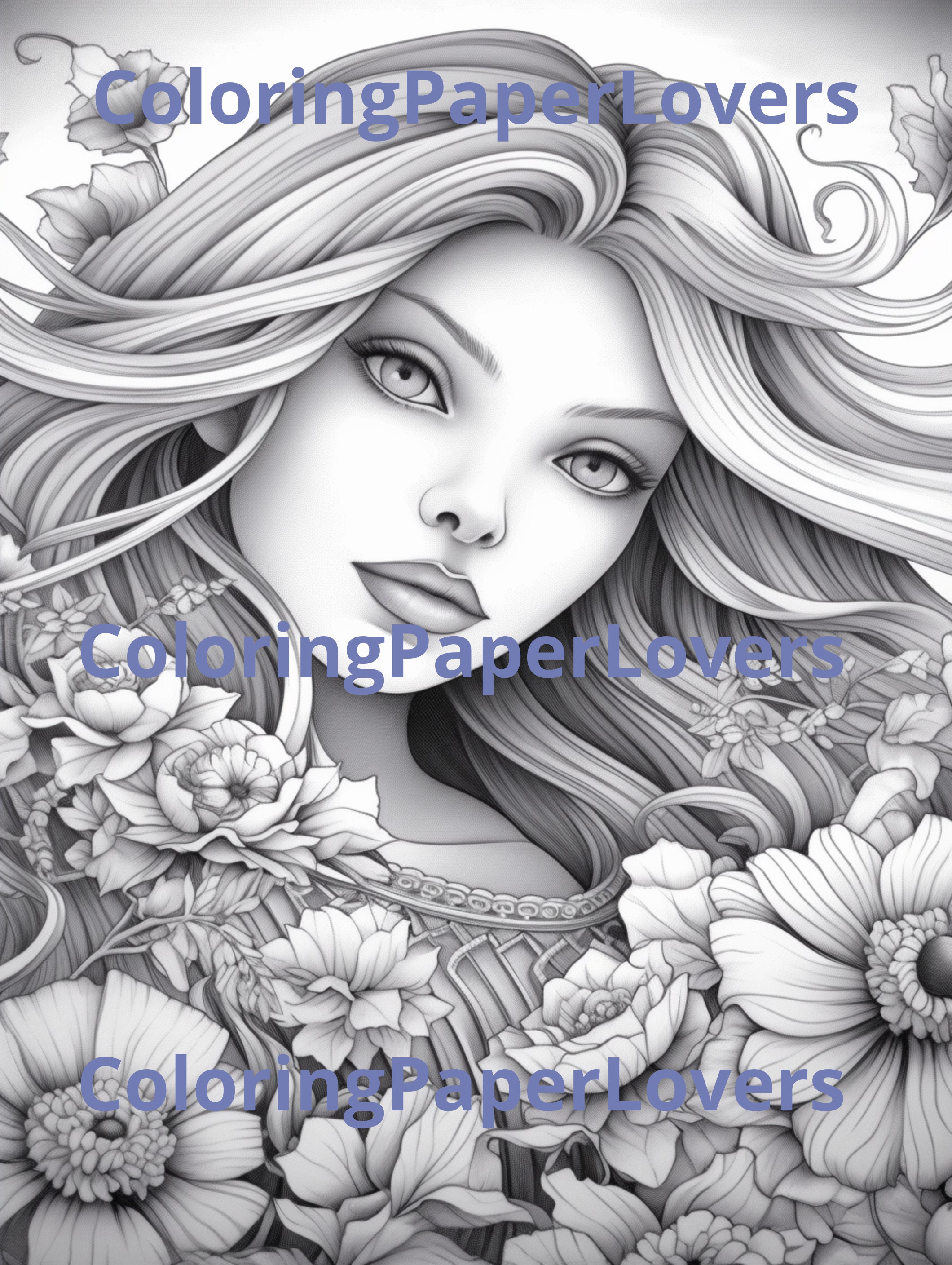 10 Premium Coloring Pages Printable Beautiful Girls Face With Flowers ...