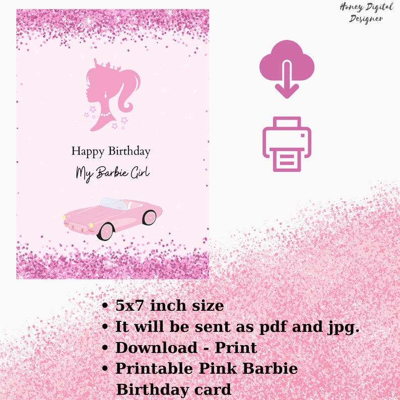 Barbie Birthday Card With Glitter Effect Pink Birthday Card - Etsy