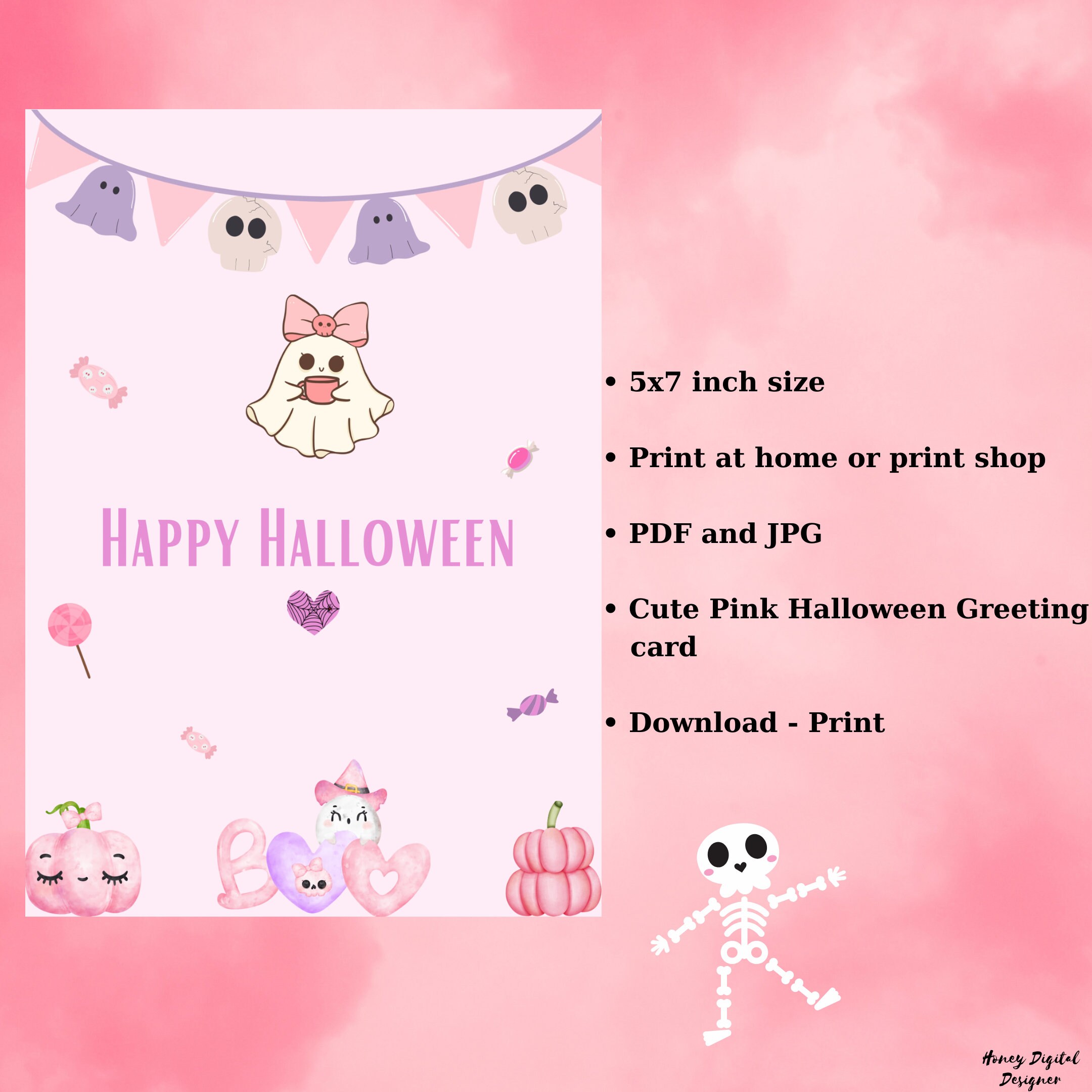 Printable Cute Pink Halloween Card Ghost Card for Girl Happy - Etsy