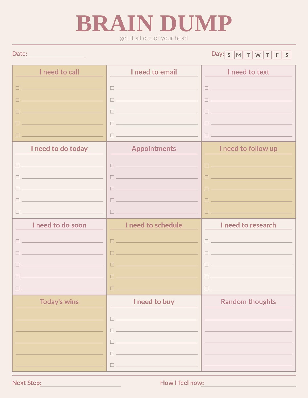 Brain Dump Printable | Categorized to Do List | Rosegold Planner Page ...