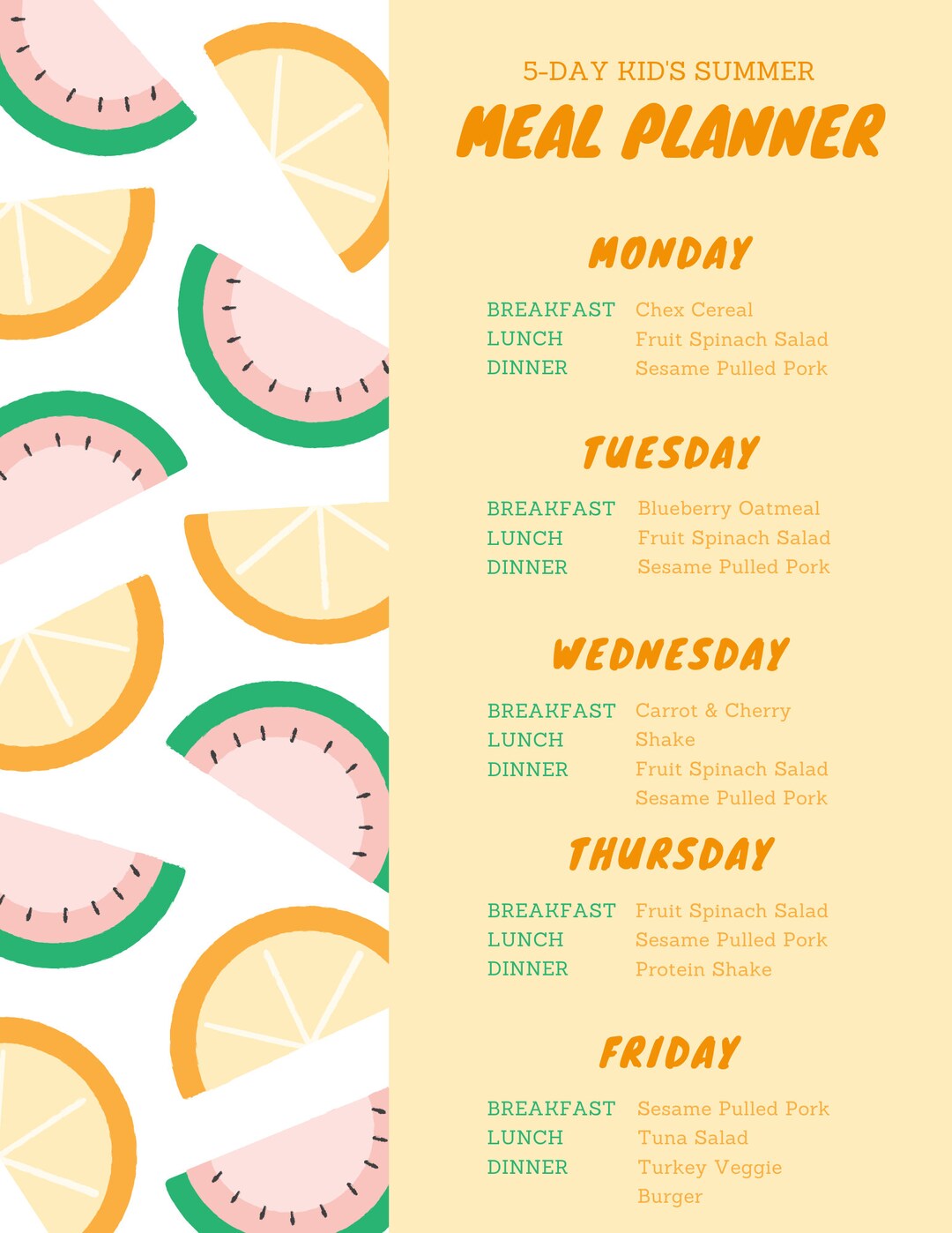5-day Kid's Summer Meal Plan, Customizable, Printable Meal Planner for ...