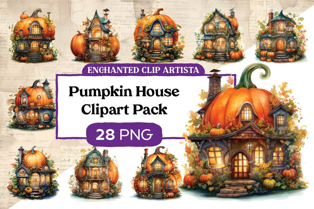 Whimsical Pumpkin House Clipart Pack - Watercolor Miniature Houses ...