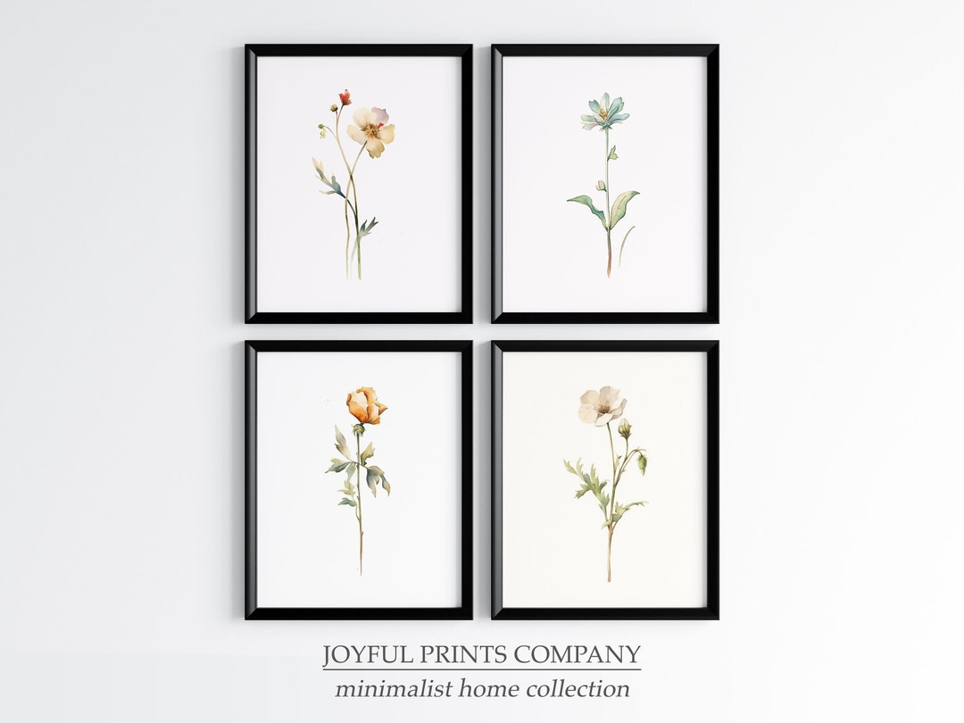 Set of 4 Watercolor Flower Stems Art Print of Flowers Digital Flower ...