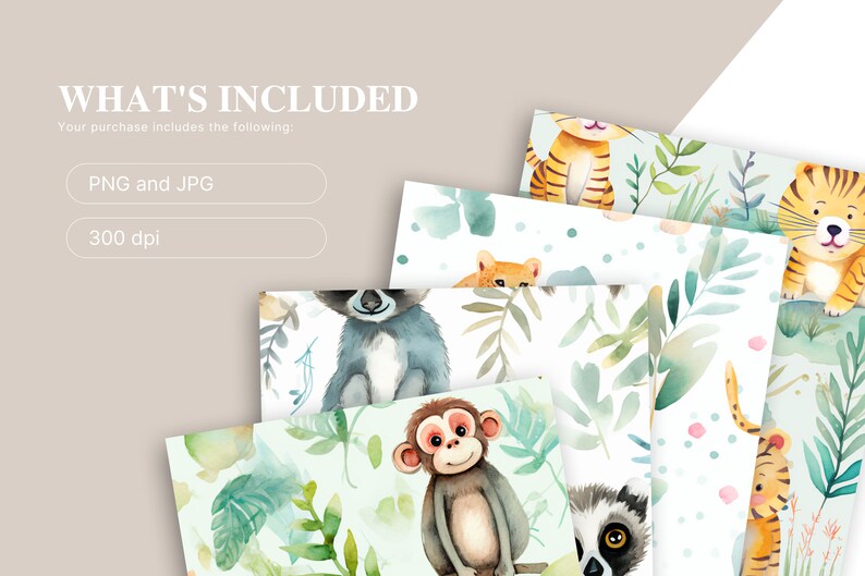 Set of 6 Digital Seamless Paper Textures Cute Jungle Animals Nursery ...