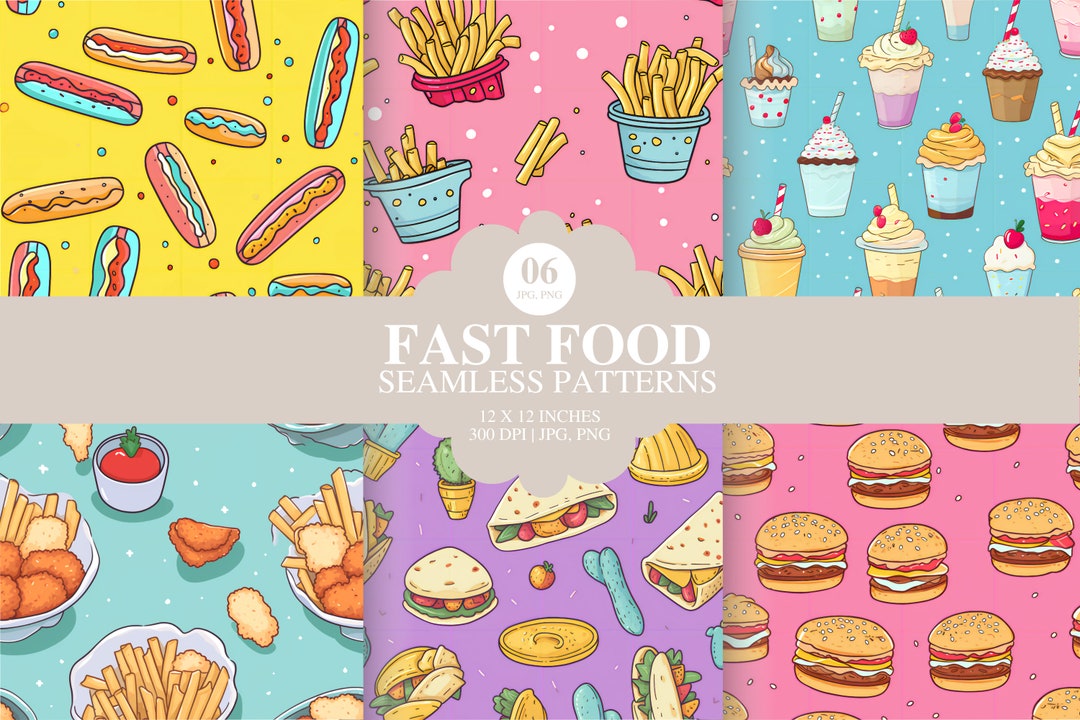 Set of 4 Digital Seamless Retro Fast Food Whimsical Cute Embroidery ...