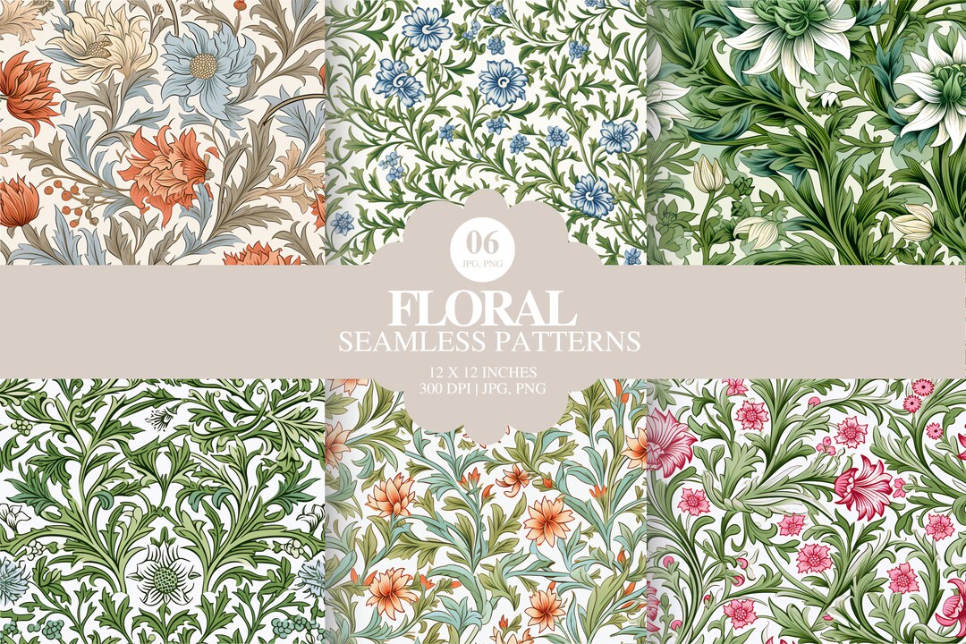 Set of 6 Digital Seamless Paper Textures | Cute Intricate Floral Flower ...