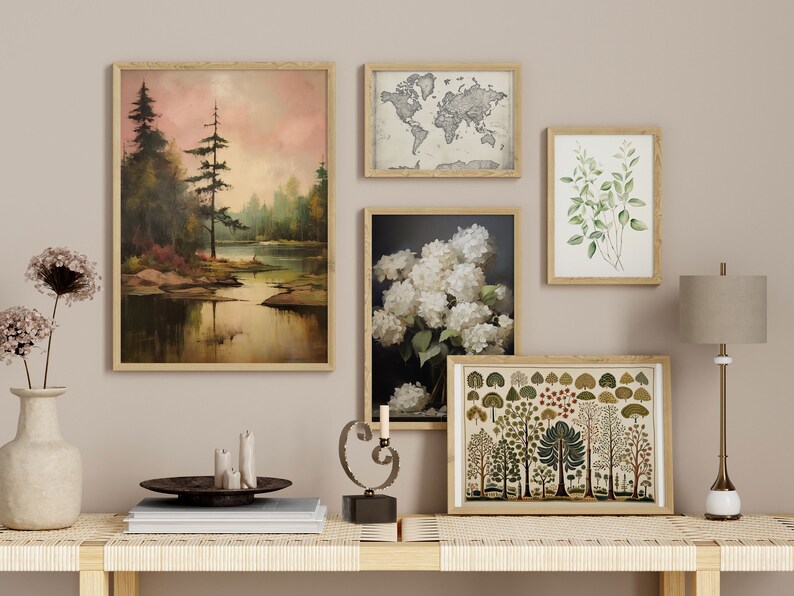Set of 5 Eclectic Vintage Antique Art Prints World Map Tapestry Leaves ...