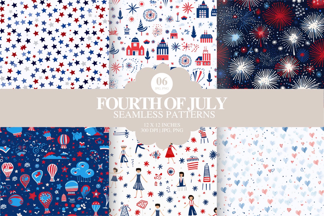 Set of 6 Digital Seamless Paper Textures Cute Patriotic Fourth of July ...