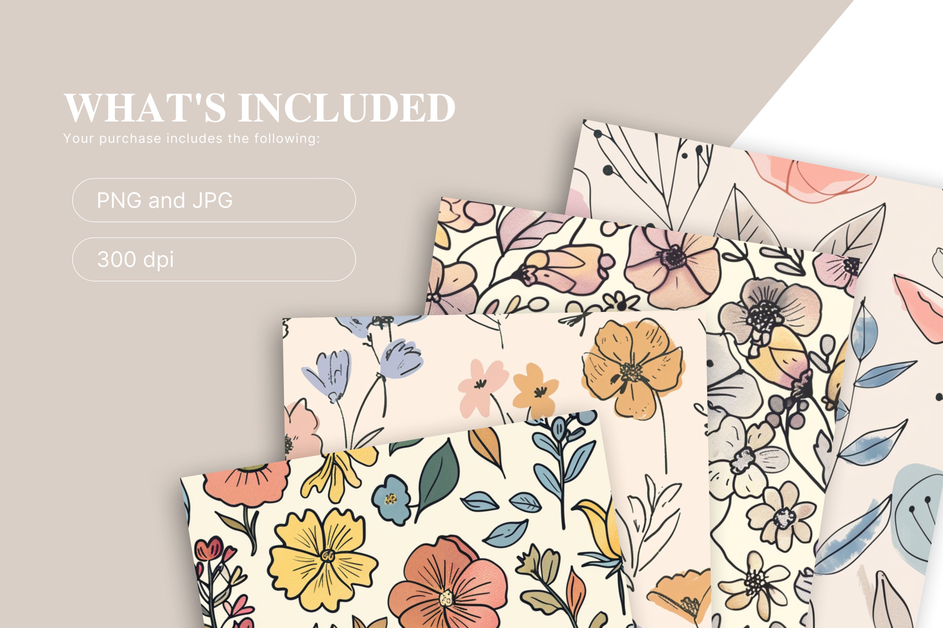 Set of 6 Digital Seamless Paper Textures | Cute Outlined Pastel Floral ...