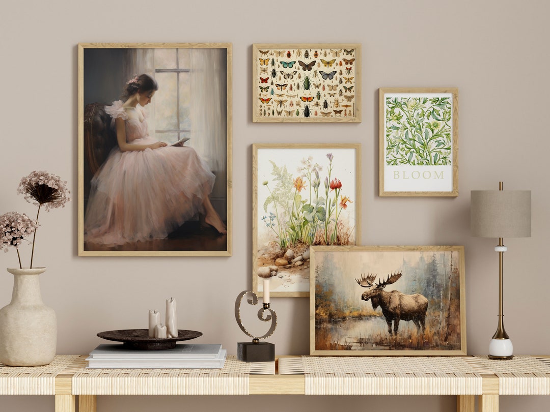 Set of 5 Eclectic Vintage Antique Art Prints Ballerina Moose Bugs ...