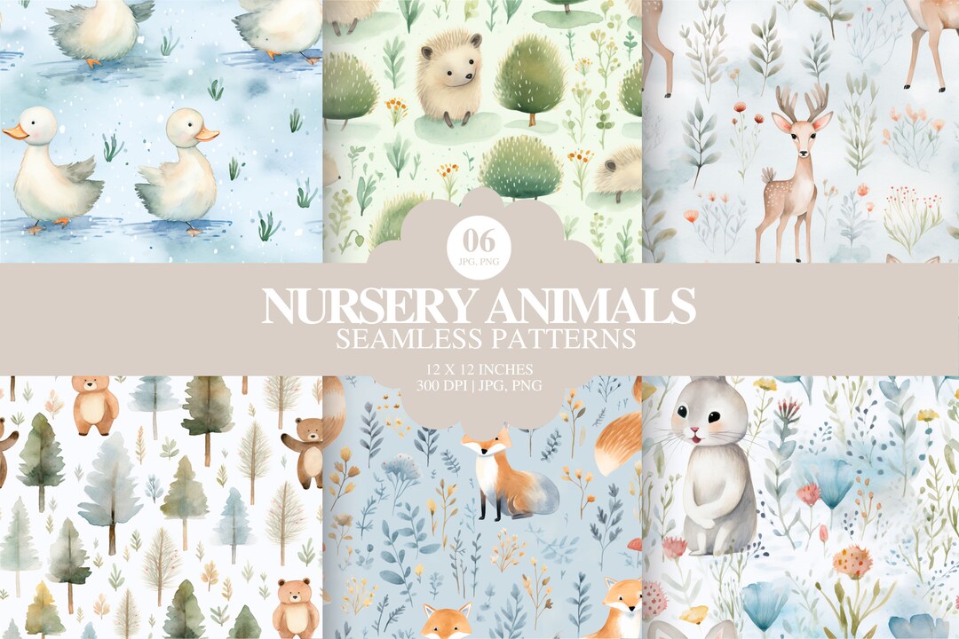 Set of 6 Digital Seamless Paper Textures | Cute Animals Nursery Theme ...