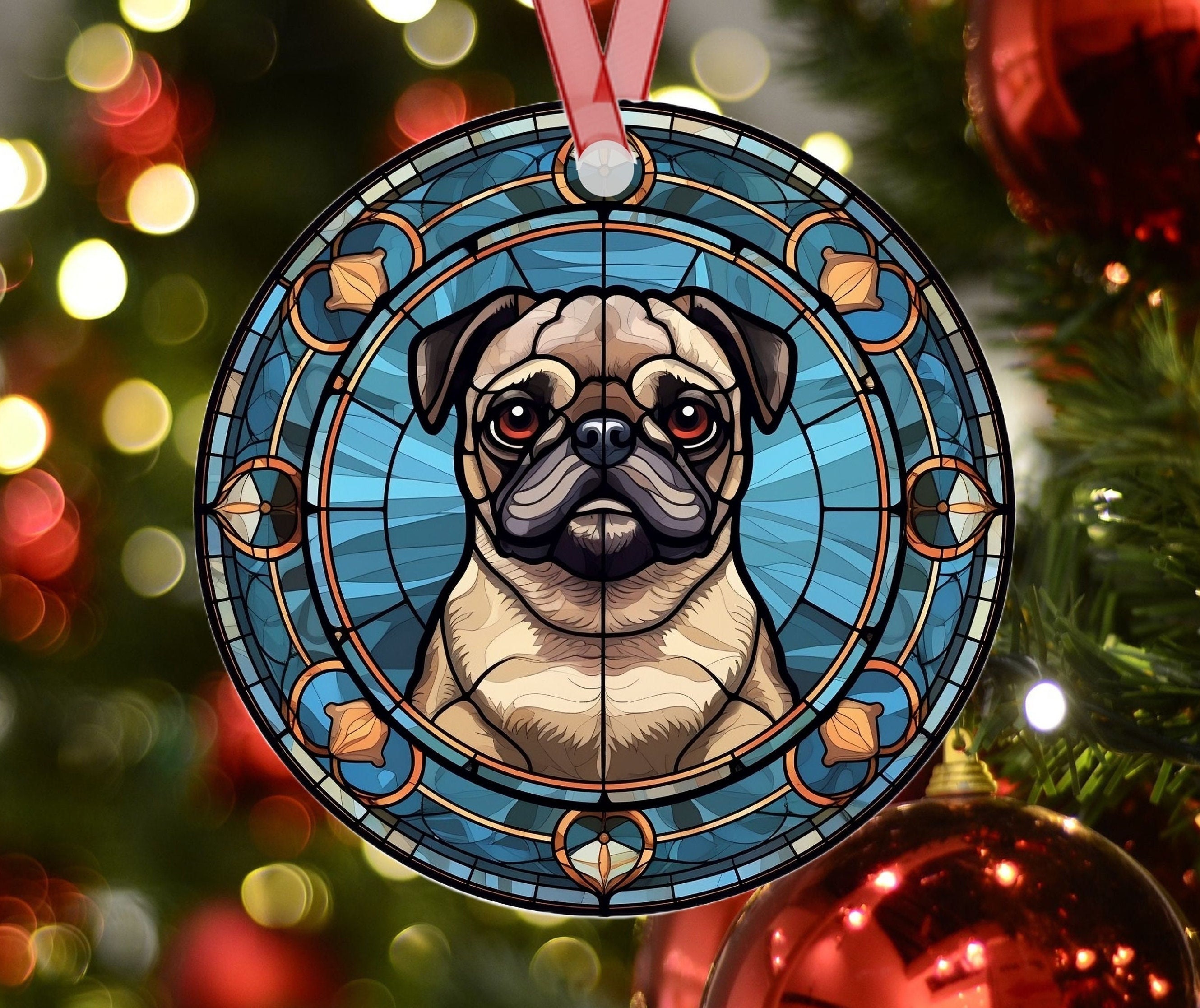 Personalized Pug Stained Glass Effect Metal Christmas Ornament, Pug Dog ...