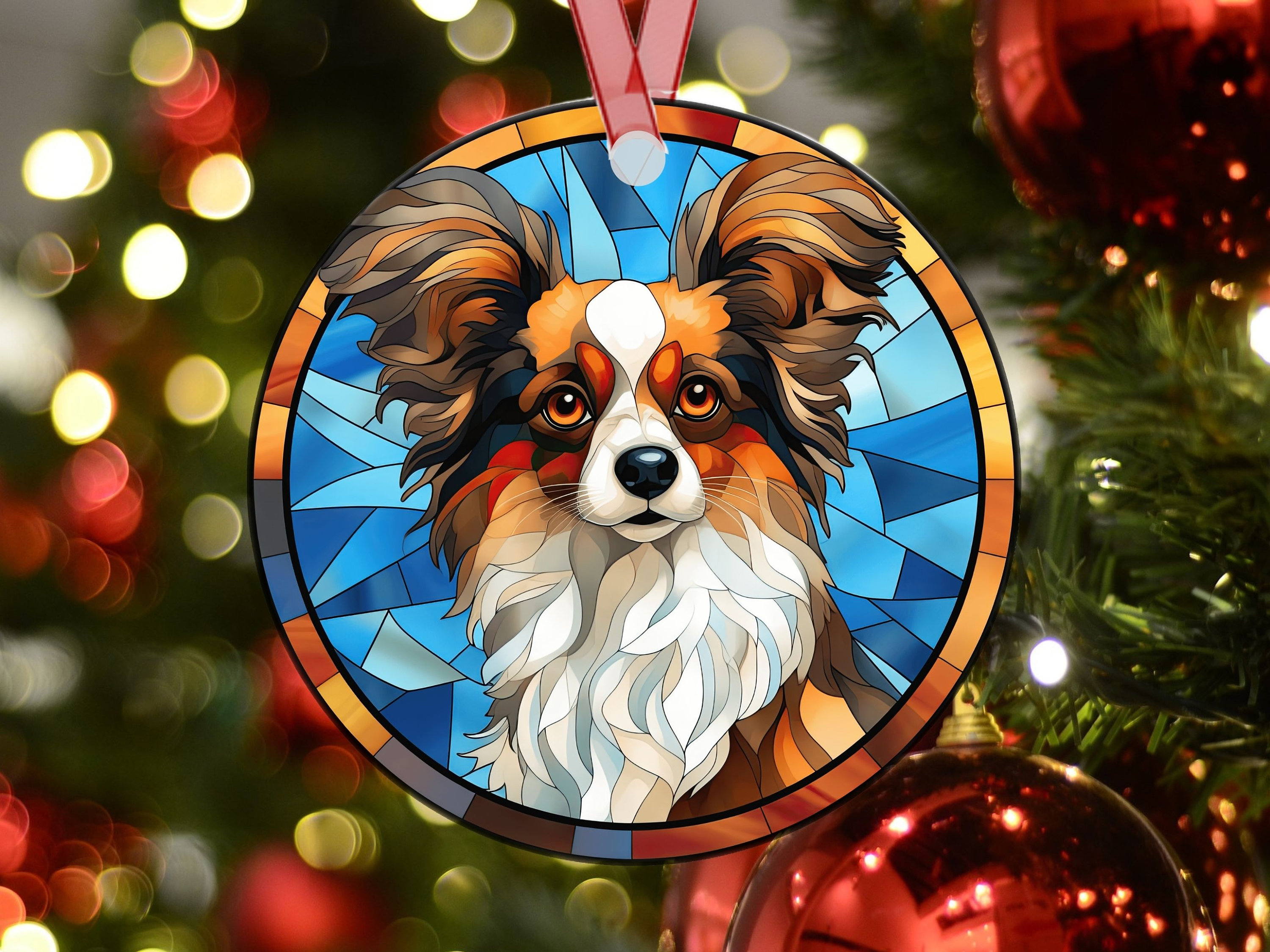 Personalized Papillon Stained Glass Effect Metal Christmas Ornament ...