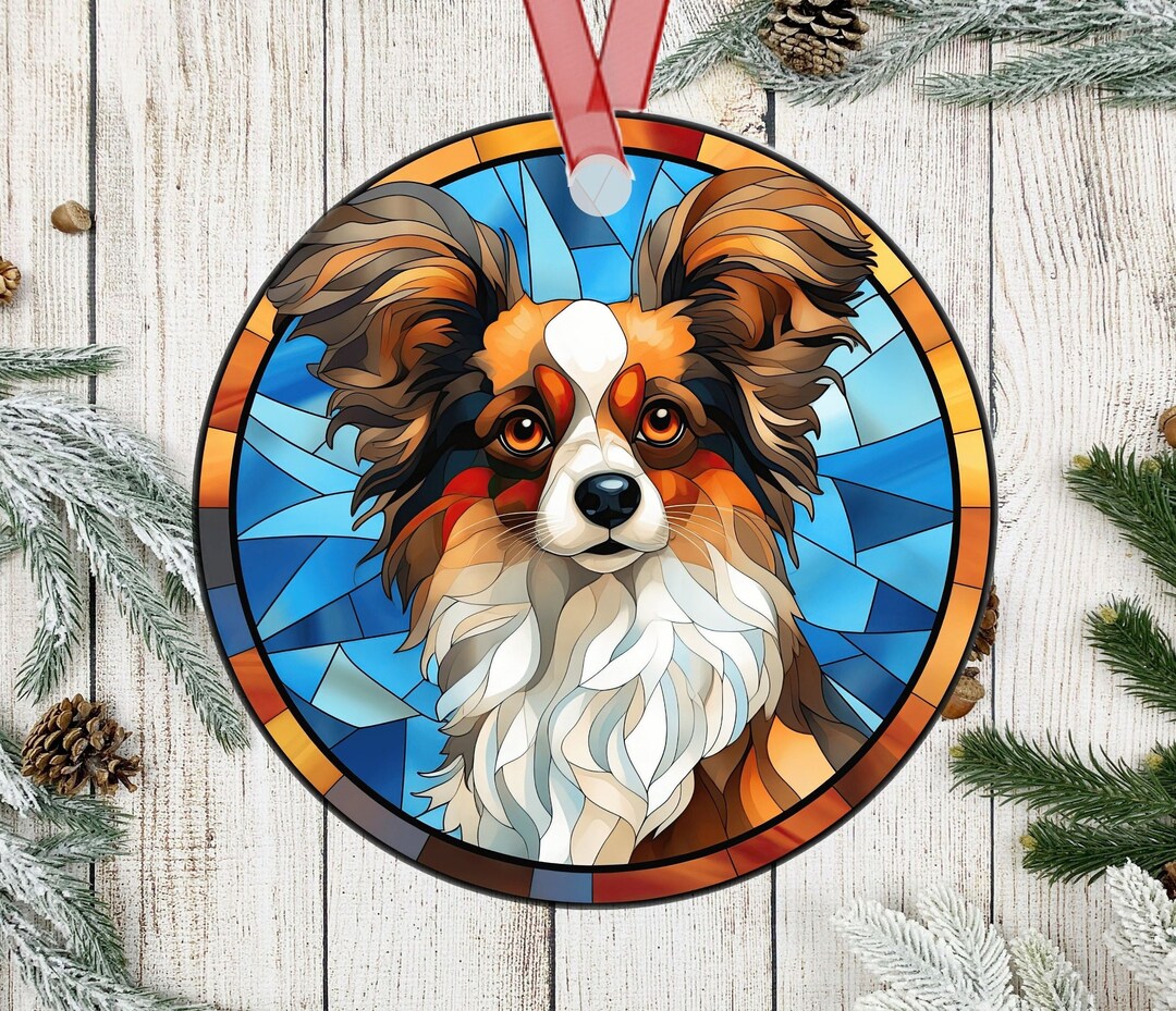 Personalized Papillon Stained Glass Effect Metal Christmas Ornament ...