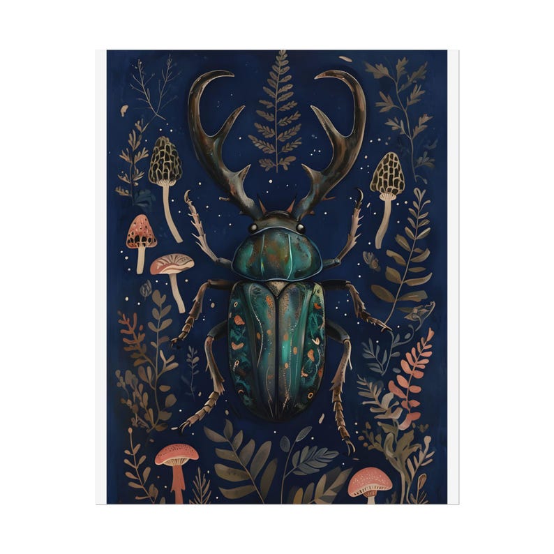 Stag Beetle Botanical Art Print Dark Forest Insect Wall Decor, Mystical ...