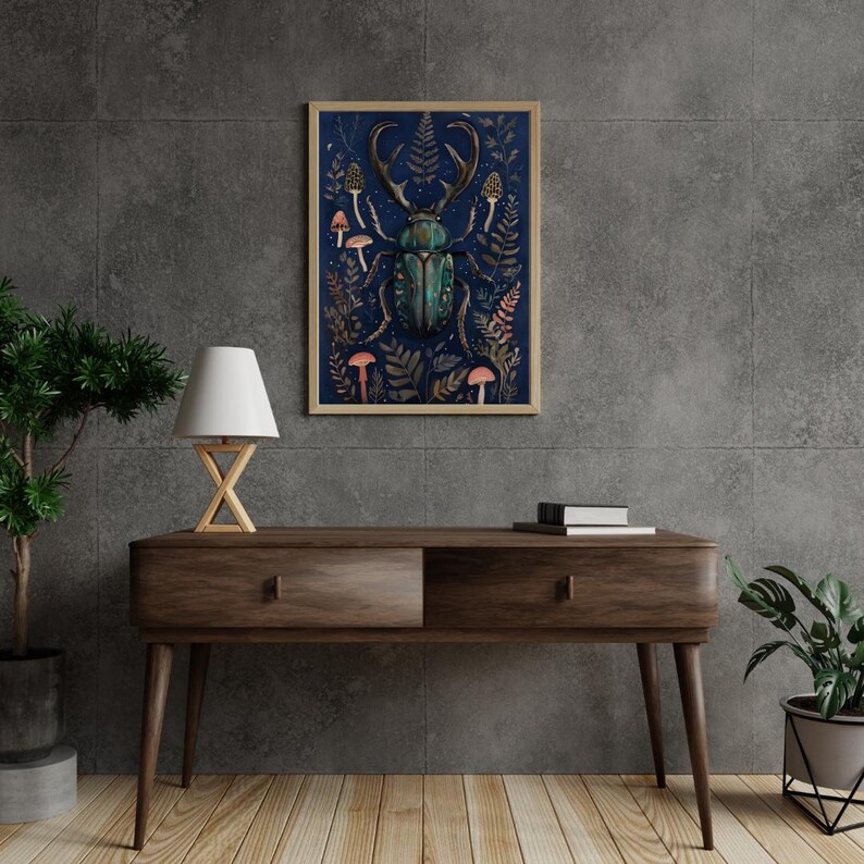 Stag Beetle Botanical Art Print Dark Forest Insect Wall Decor, Mystical ...