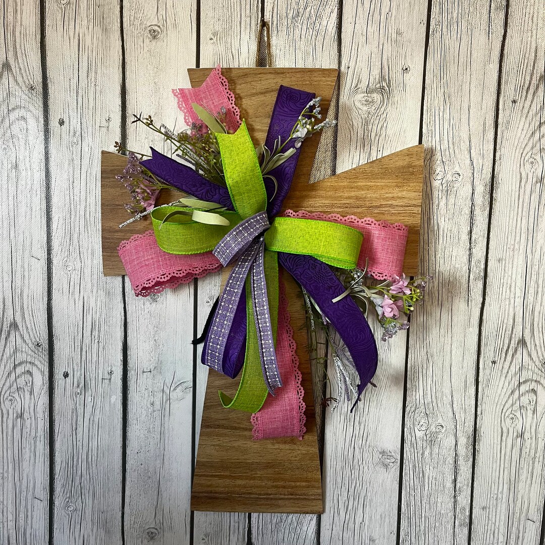 Wooden Cross Door Hanger With Bow and Florals, Religious Easter Decor ...