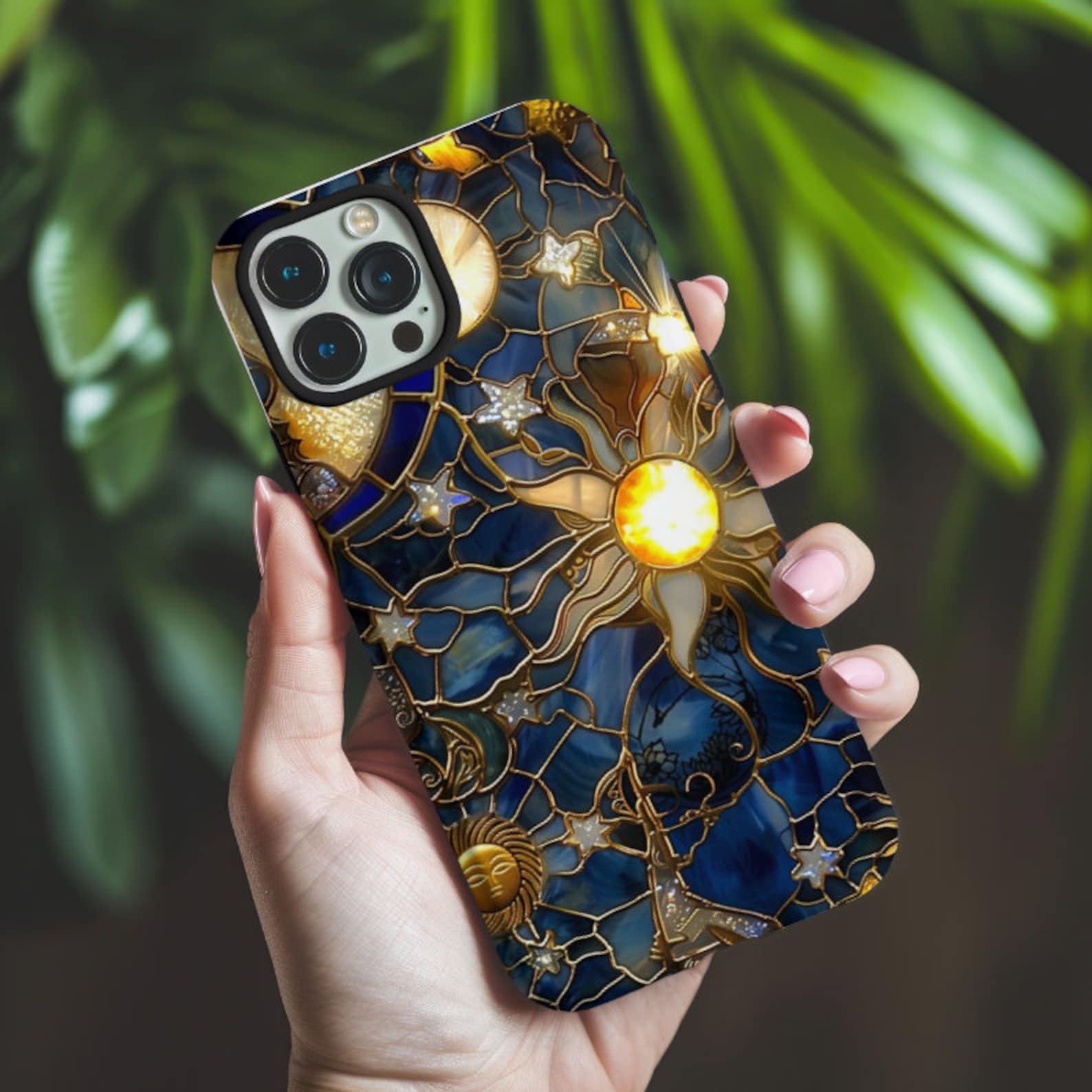 Celestial Stained Glass Moon and Stars Phone Case | Faux Stain Glass ...
