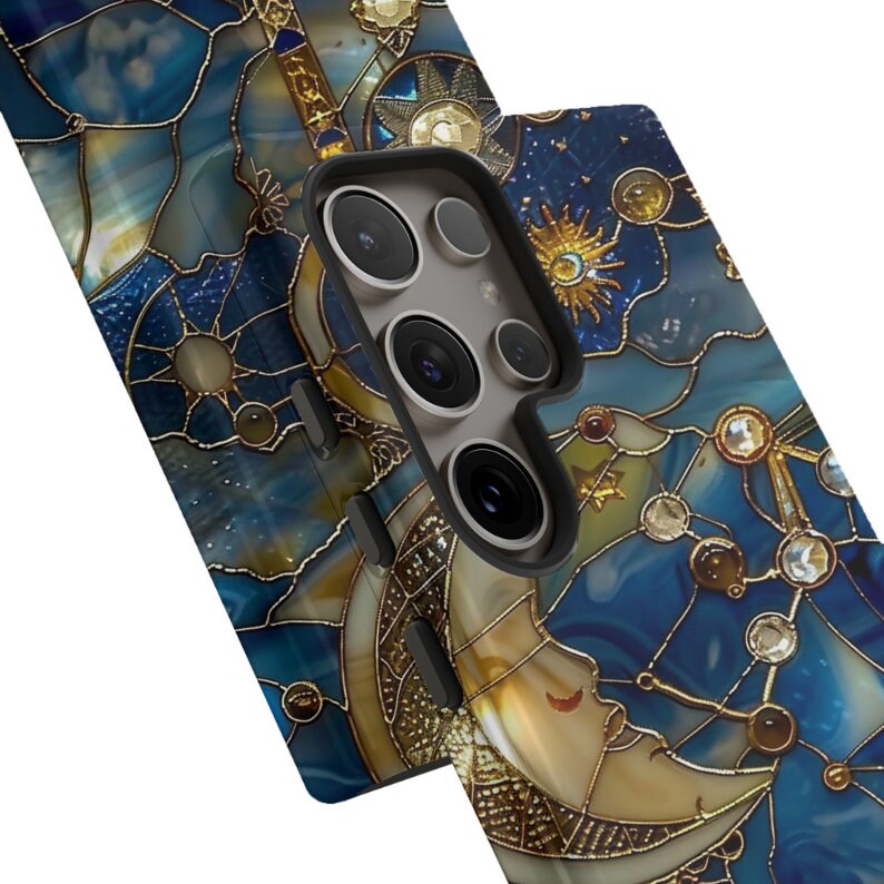 Celestial Stained Glass Moon and Stars Phone Case Faux Stain Glass ...