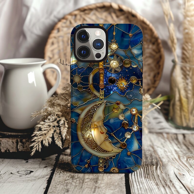 Celestial Stained Glass Moon and Stars Phone Case Faux Stain Glass ...