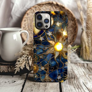 Celestial Stained Glass Moon and Stars Phone Case | Faux Stain Glass ...