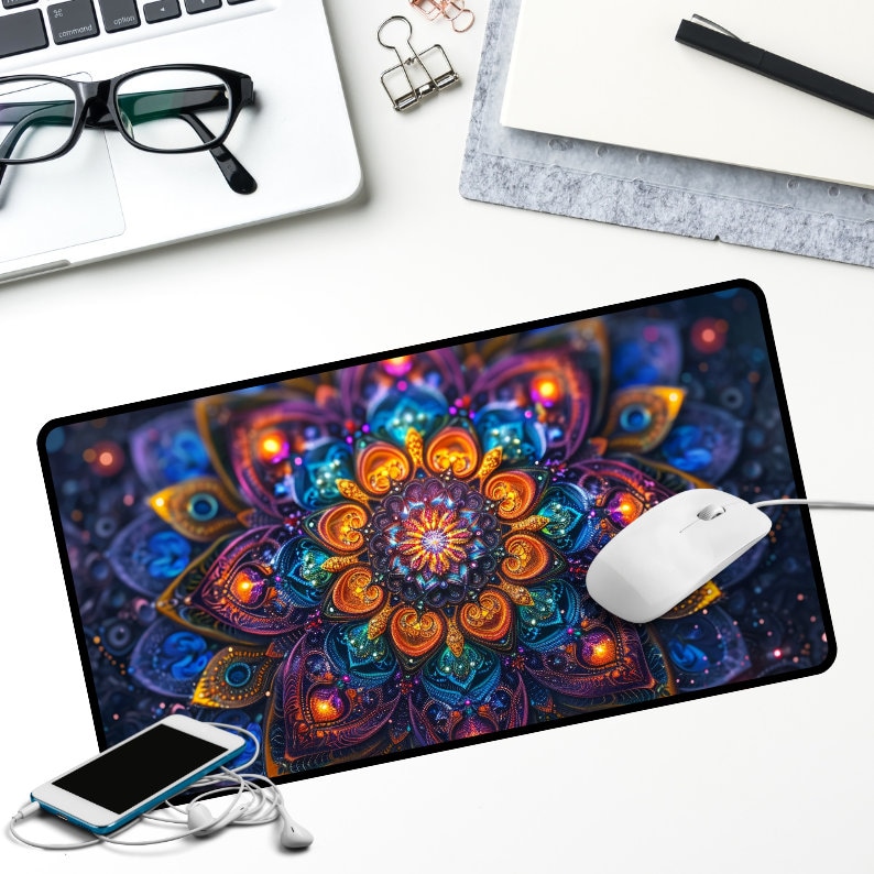 Cosmic Mandala Desk Mat, Blue Gold Celestial Mousepad, Bohemian Zen ...