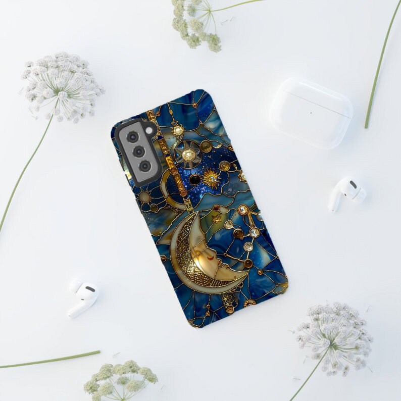 Celestial Stained Glass Moon and Stars Phone Case Faux Stain Glass ...