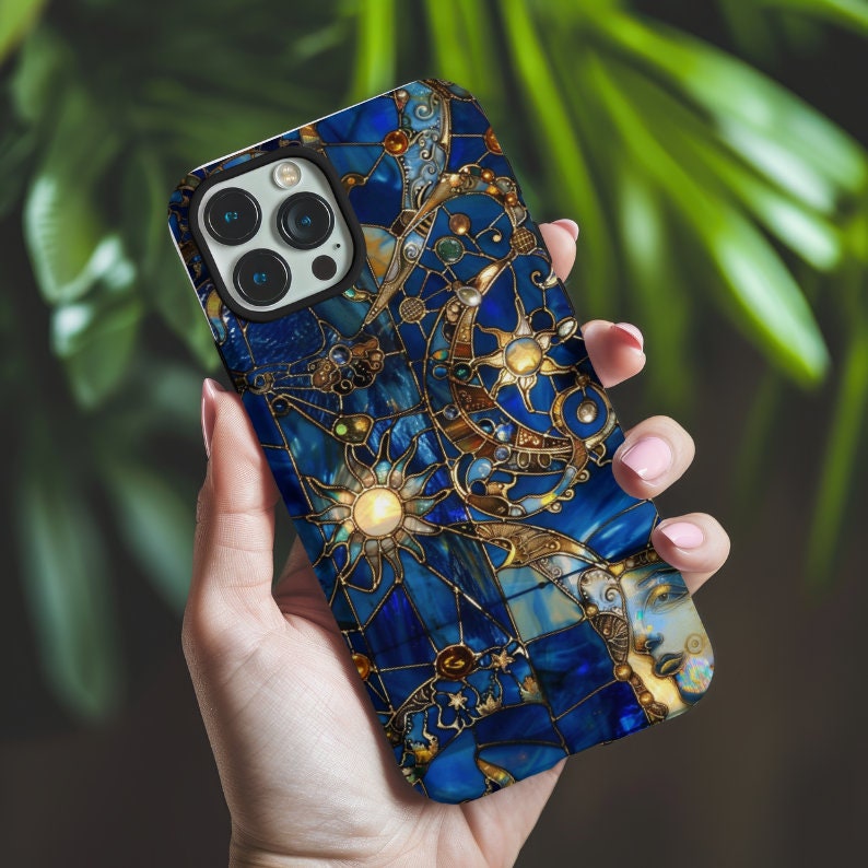 Celestial Stained Glass Moon and Stars Phone Case | Faux Stain Glass ...